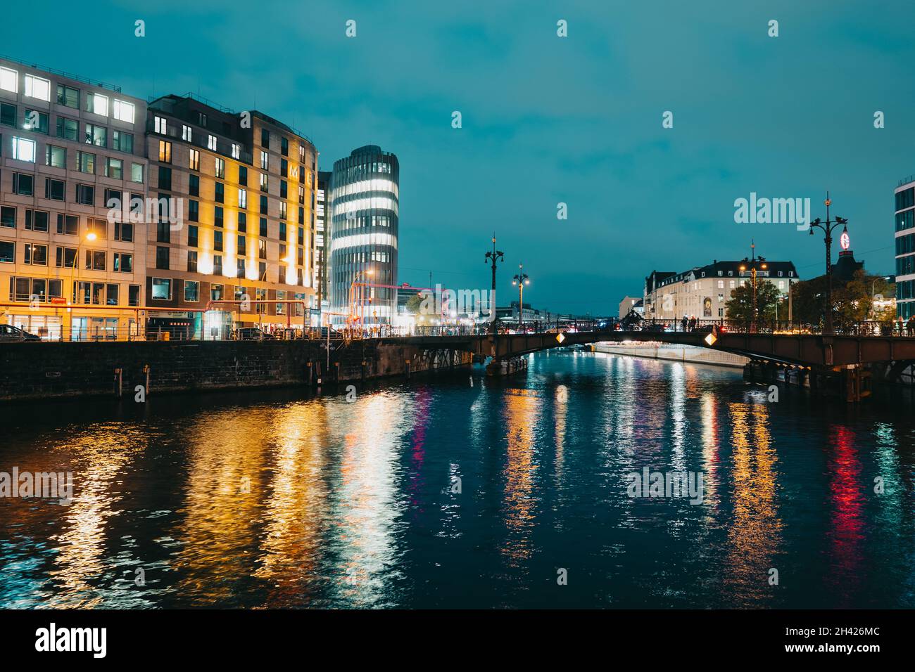October 2021 - Berlin, Germany. Night view to historic busy street ...