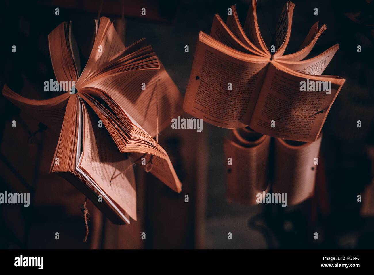 A selective of books hanging in the air in a library Stock Photo - Alamy