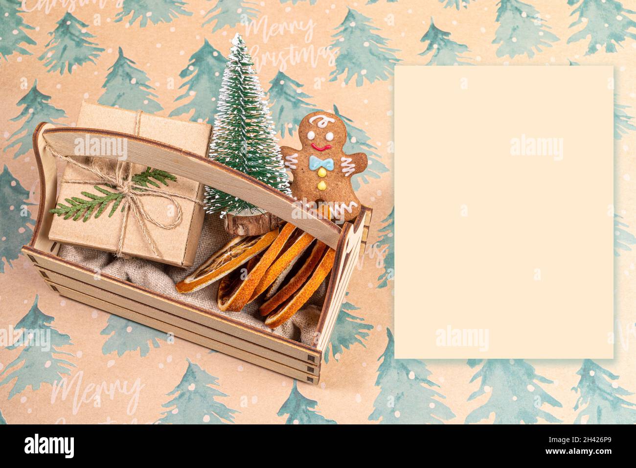 Wooden box with Christmas decorations - decorative Xmas tree, dry ...