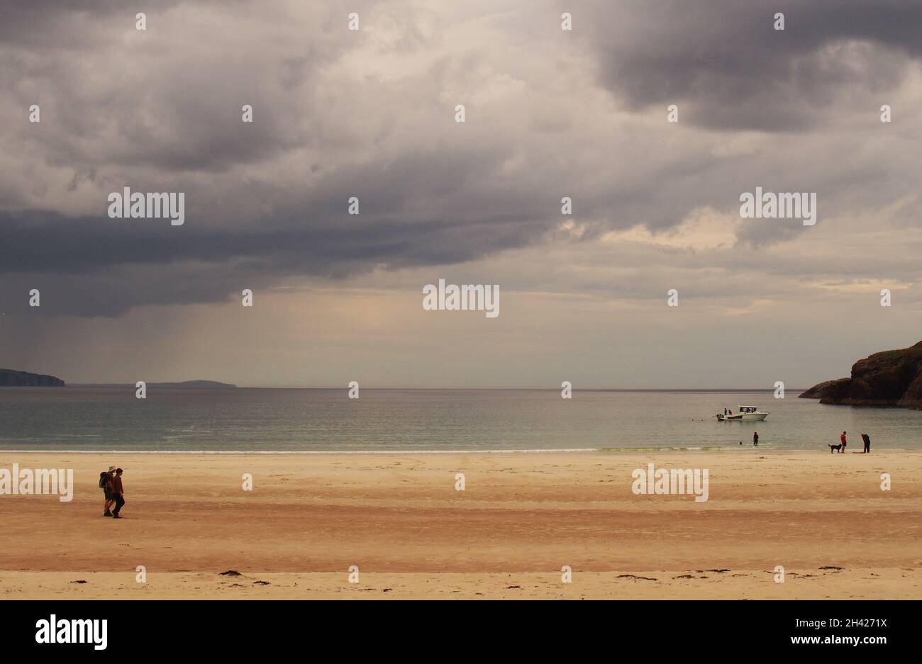 Looking out to sea at Polin Bay, Sutherland, Scotland, across the sand ...