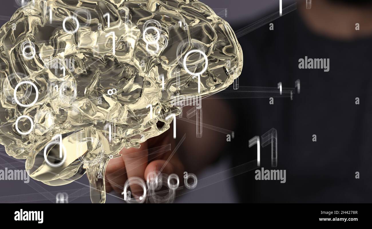 A 3D rendering of the digital brain with hand touching it from behind ...