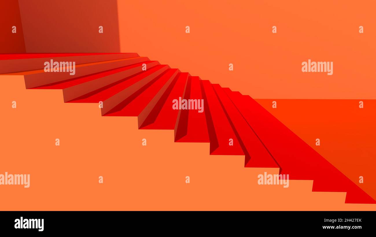 View of interior with bright orange wall and stairs. Mock up, 3D ...
