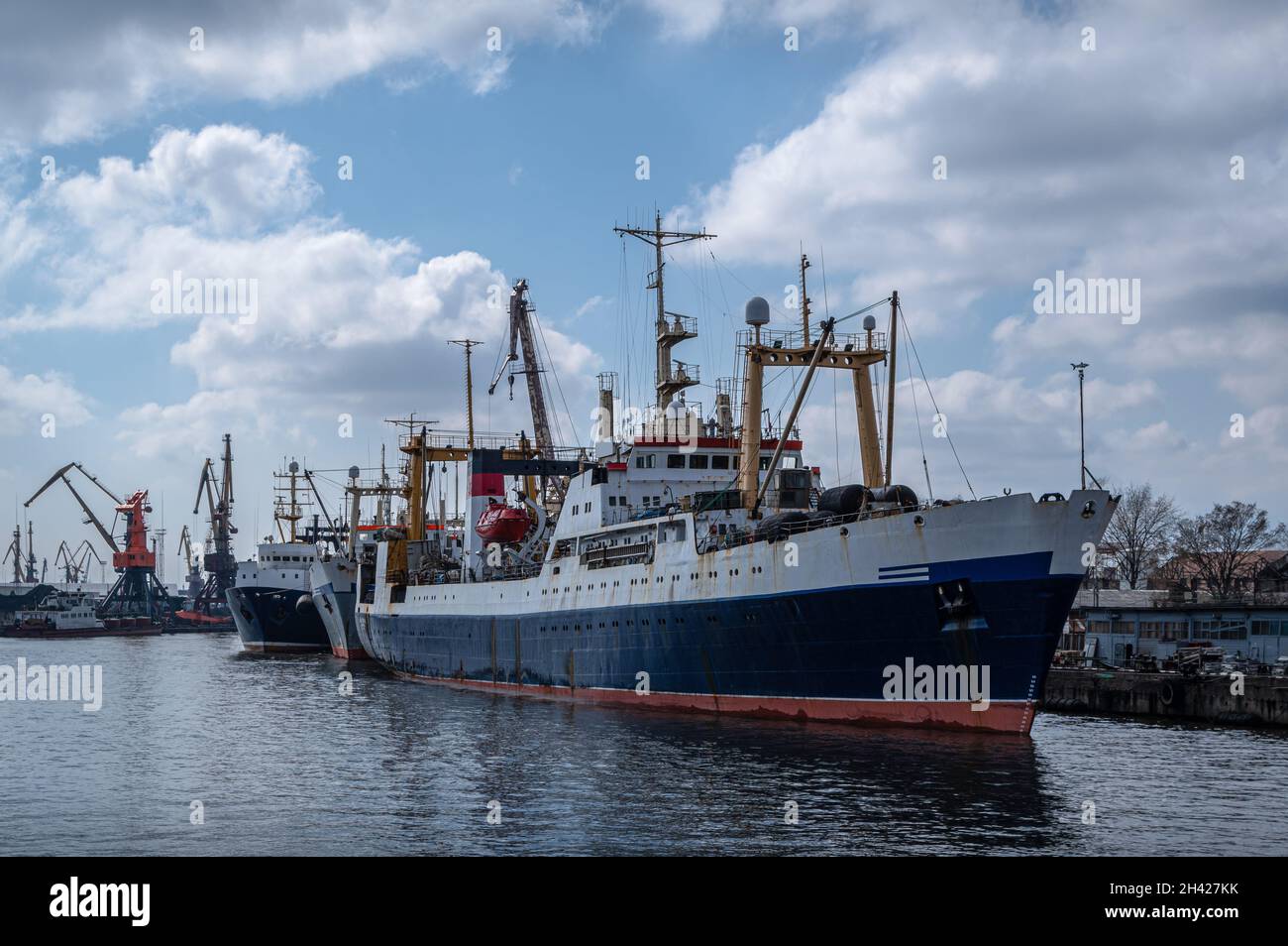 Ships in the commercial port on Pregolya River in the city of ...