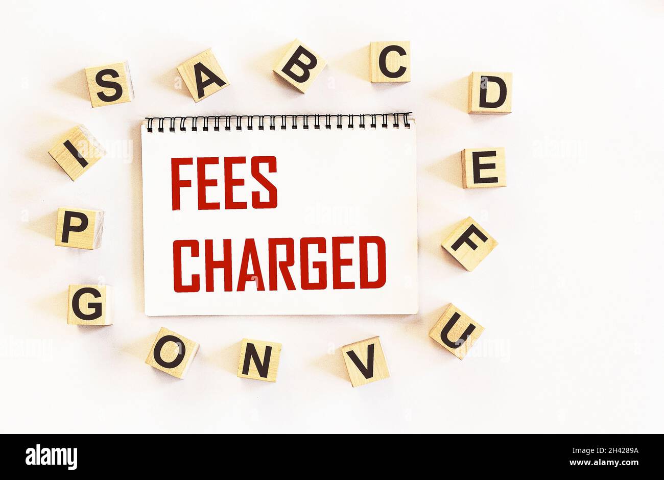 FEES CHARGED - words are written on a notepad and a white background ...