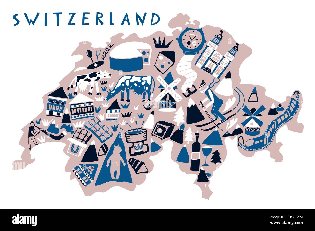 Vector hand drawn stylized map of Switzerland landmarks. Travel ...