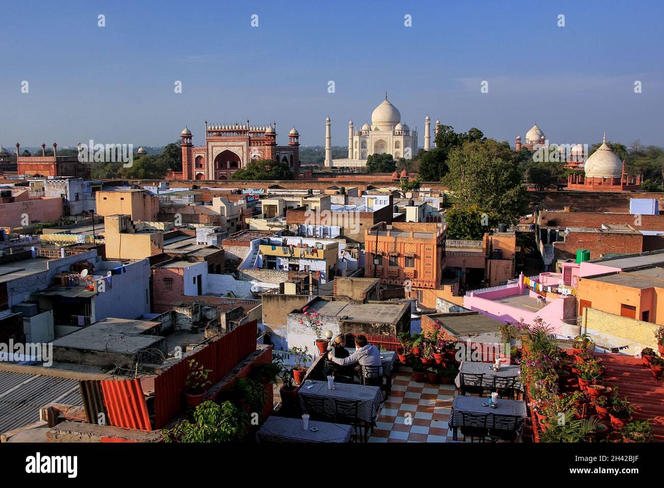 View of Taj Mahal from the rooftop restaurant in Taj Ganj neighborhood ...