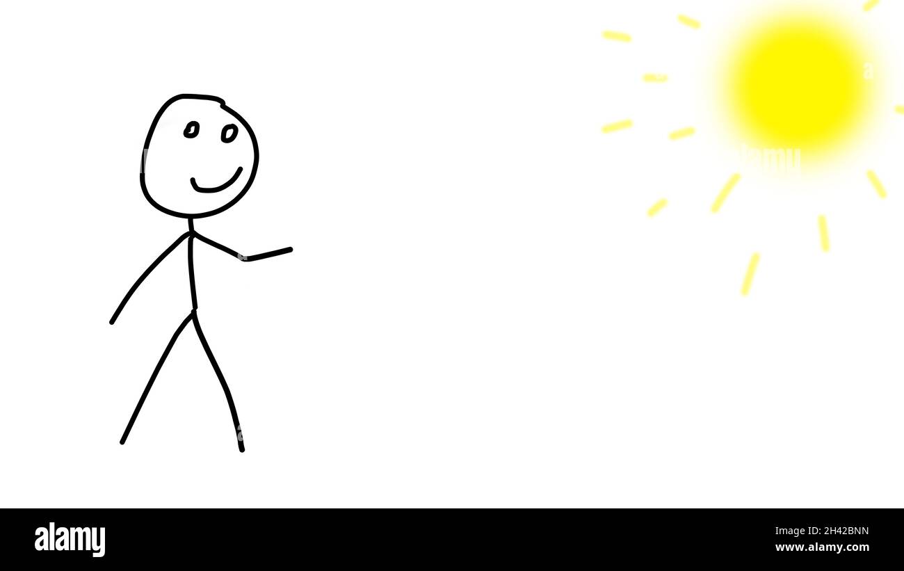 Cartoon man on a white piece of paper under the scorching yellow sun ...