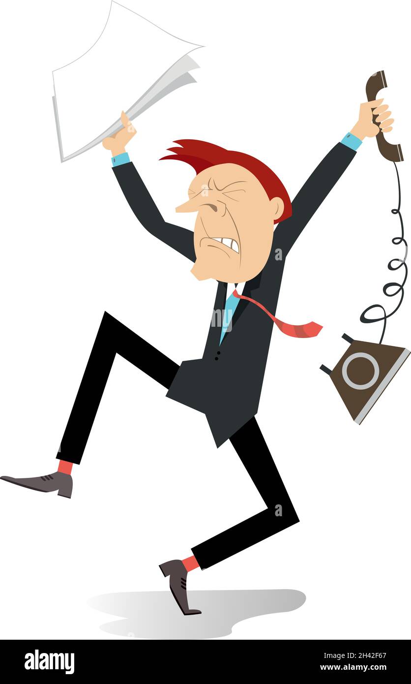 Angry and upset businessman illustration. Busy businessman holding ...