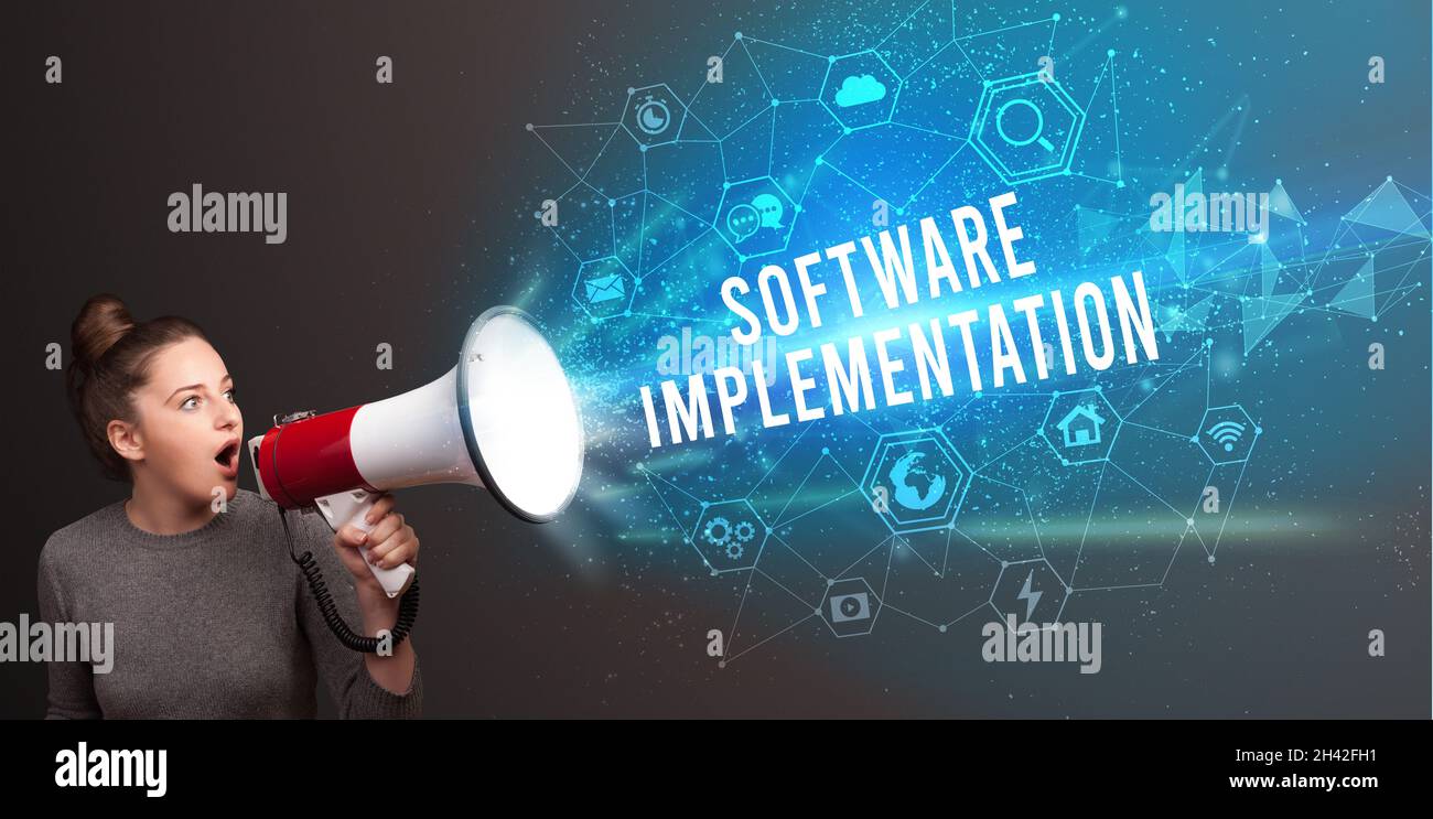 Young woman shouting in megaphone, technology announcement concept ...