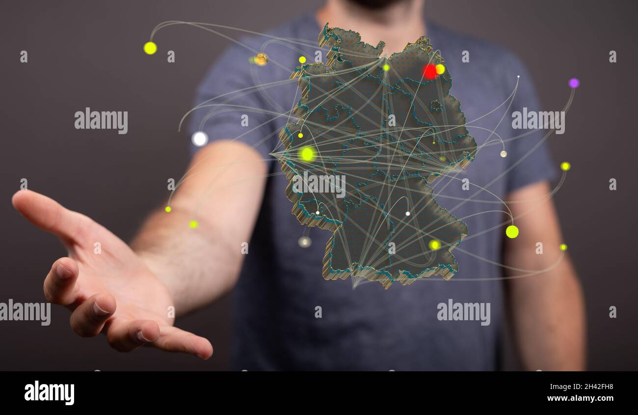 A 3D rendering of digital Germany map floating on human hands- internet ...