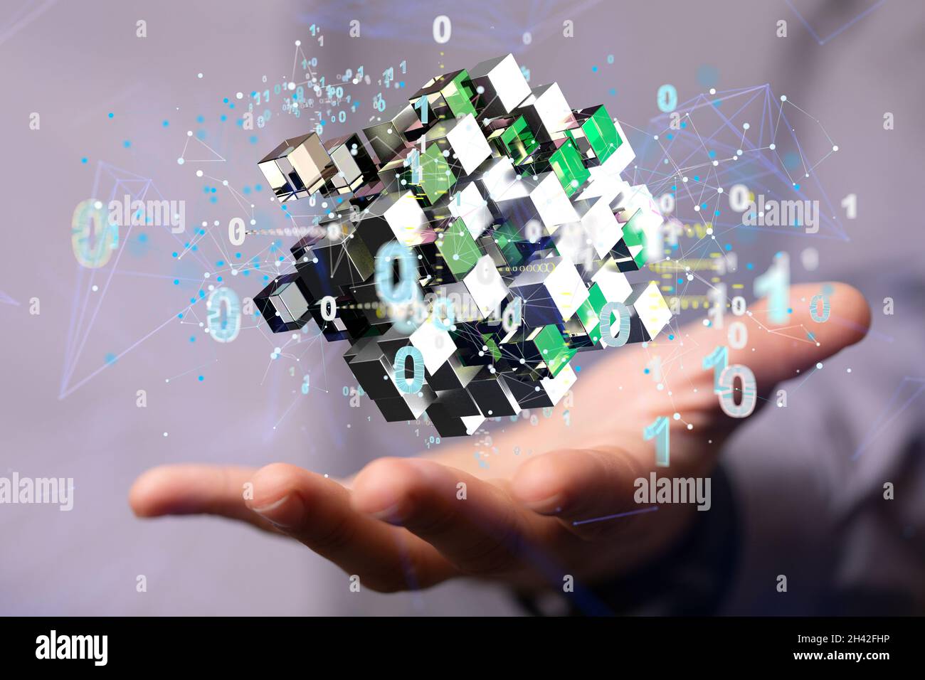 3d Rendering Of Cubes And Binary Codes In A Human Hand Internet Infrastructure Concept Stock