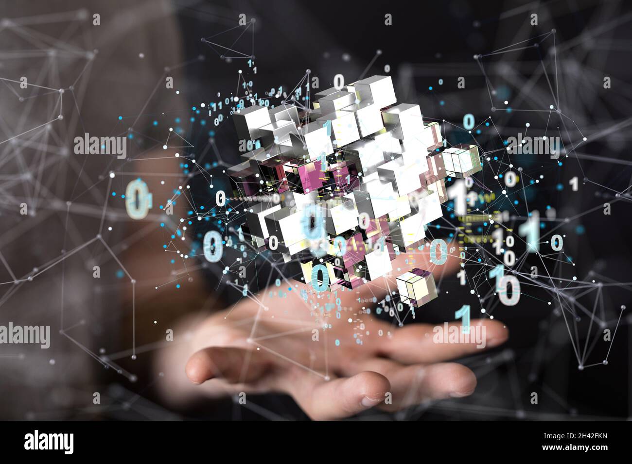 3D rendering of cubes and binary codes in a human hand - internet ...