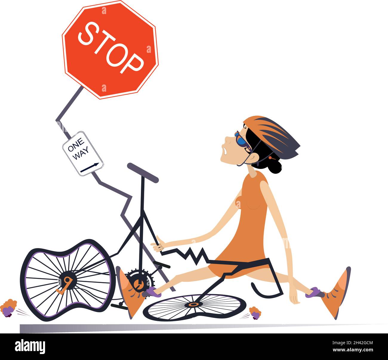 Sad cyclist woman smashed into a road sign illustration. Cyclist woman ...
