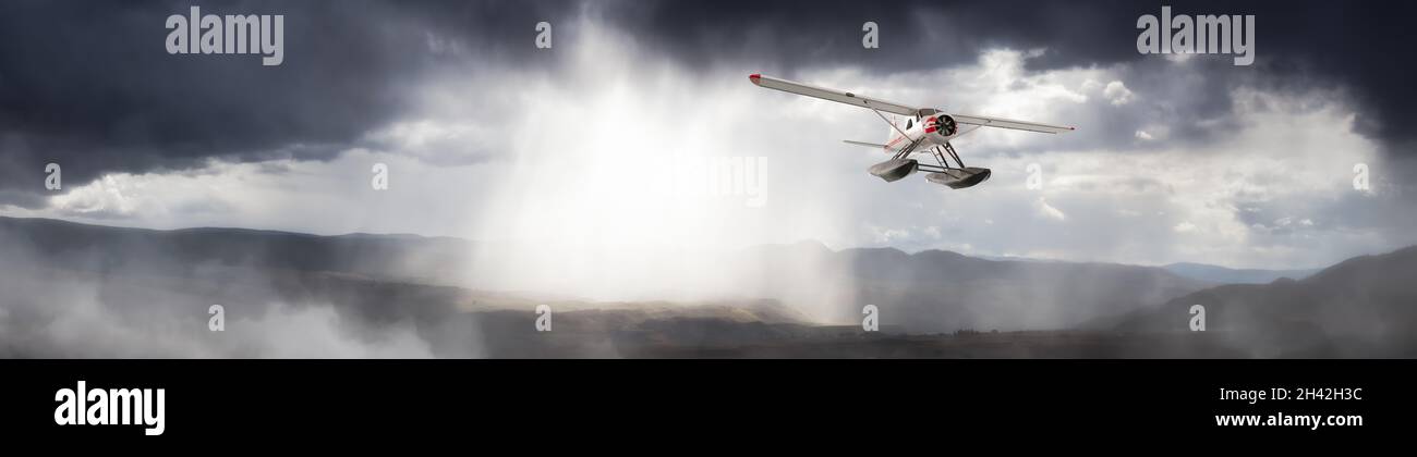 Seaplane Flying during dramatic stormy weather. Extreme Adventure ...