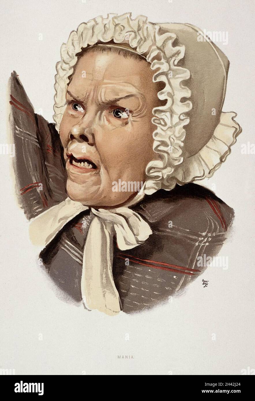 A woman diagnosed as suffering from mania. Colour lithograph, 1892 ...