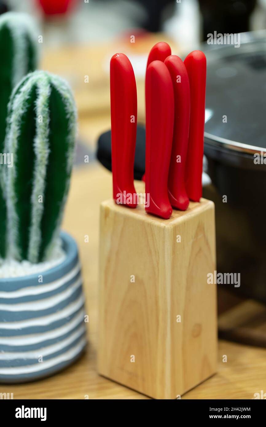 Kitchen red Knives Set Made of stainless steel for slicing meat In a ...
