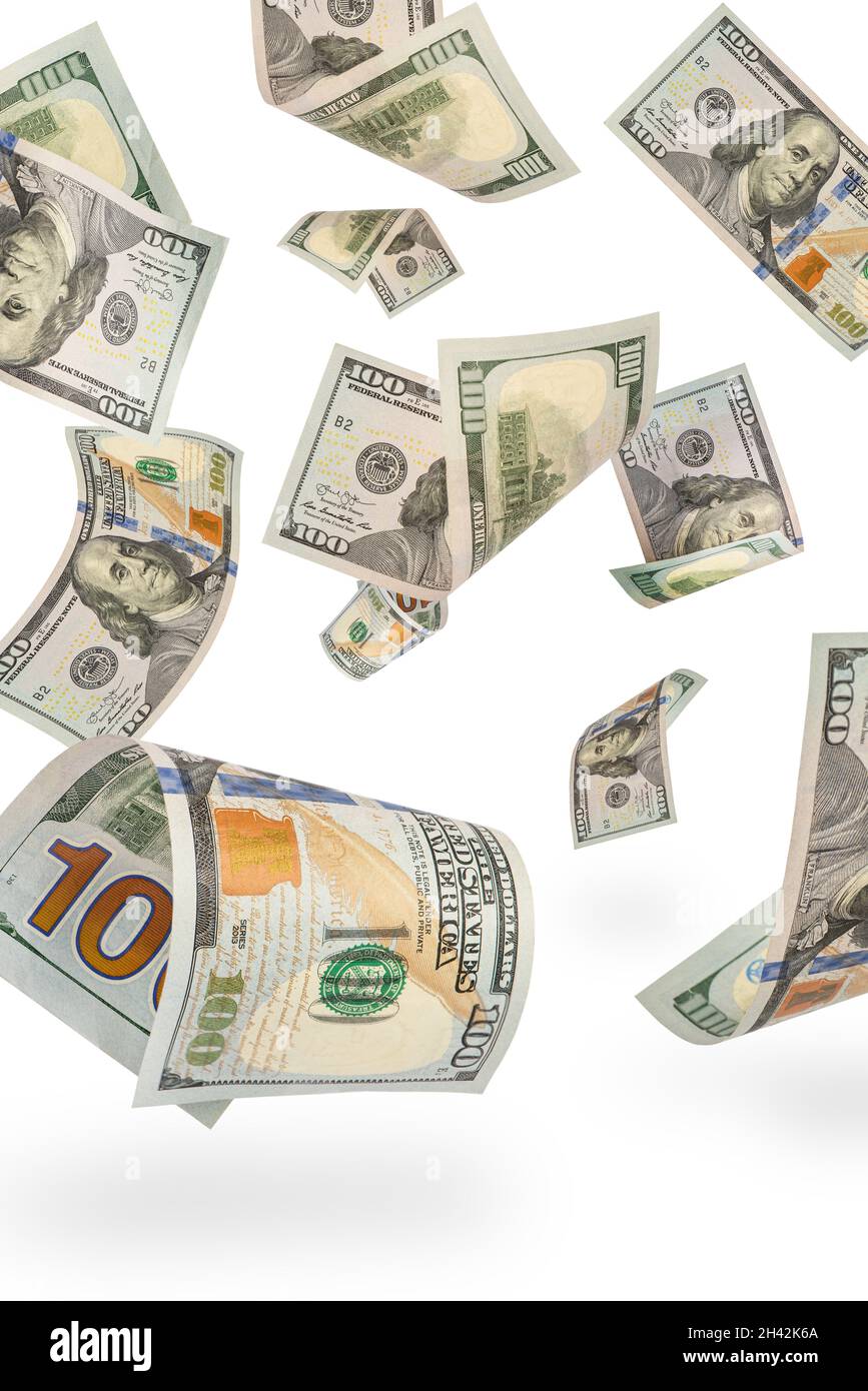 Money is falling from the sky. Isolate on falling white banknotes. One ...