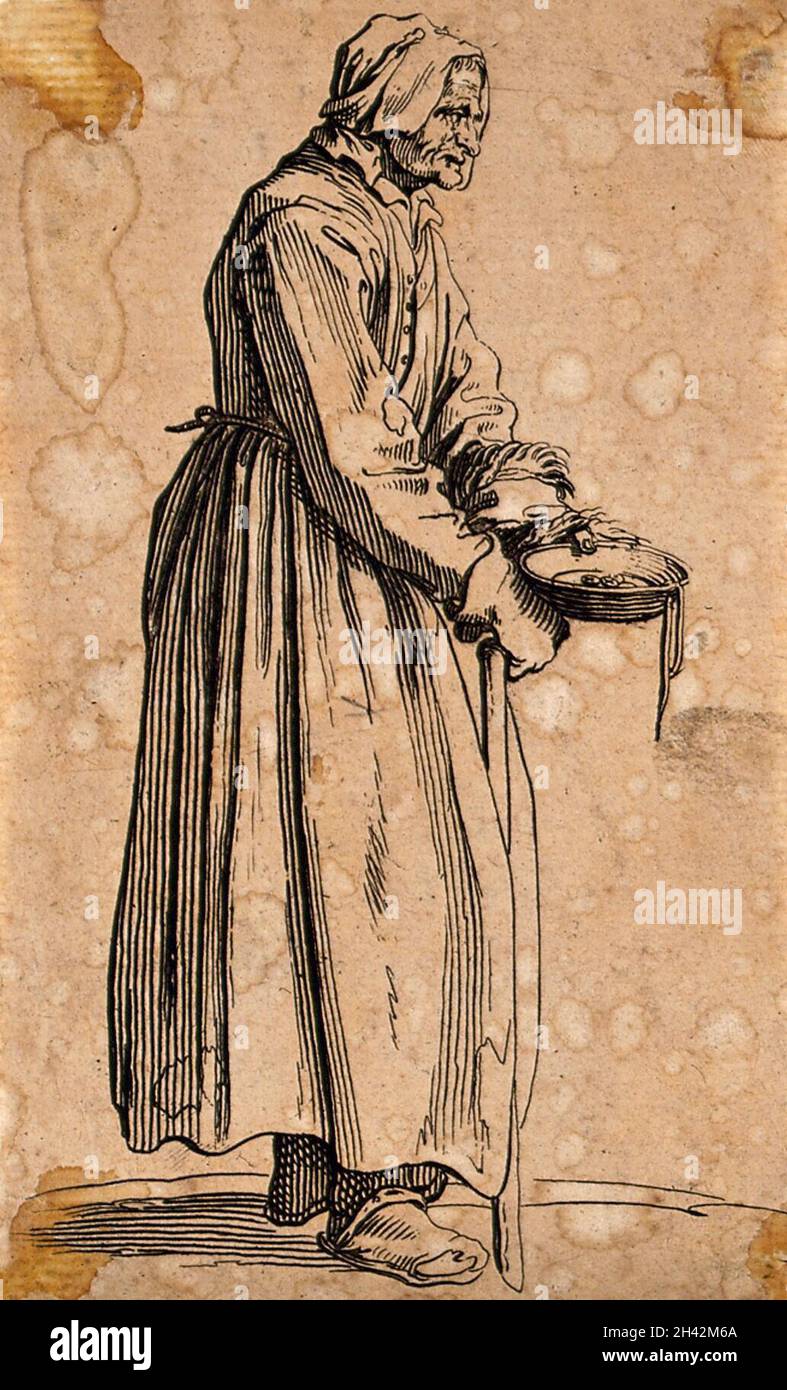 An old woman dressed in rags carrying a bowl in her left hand and a ...