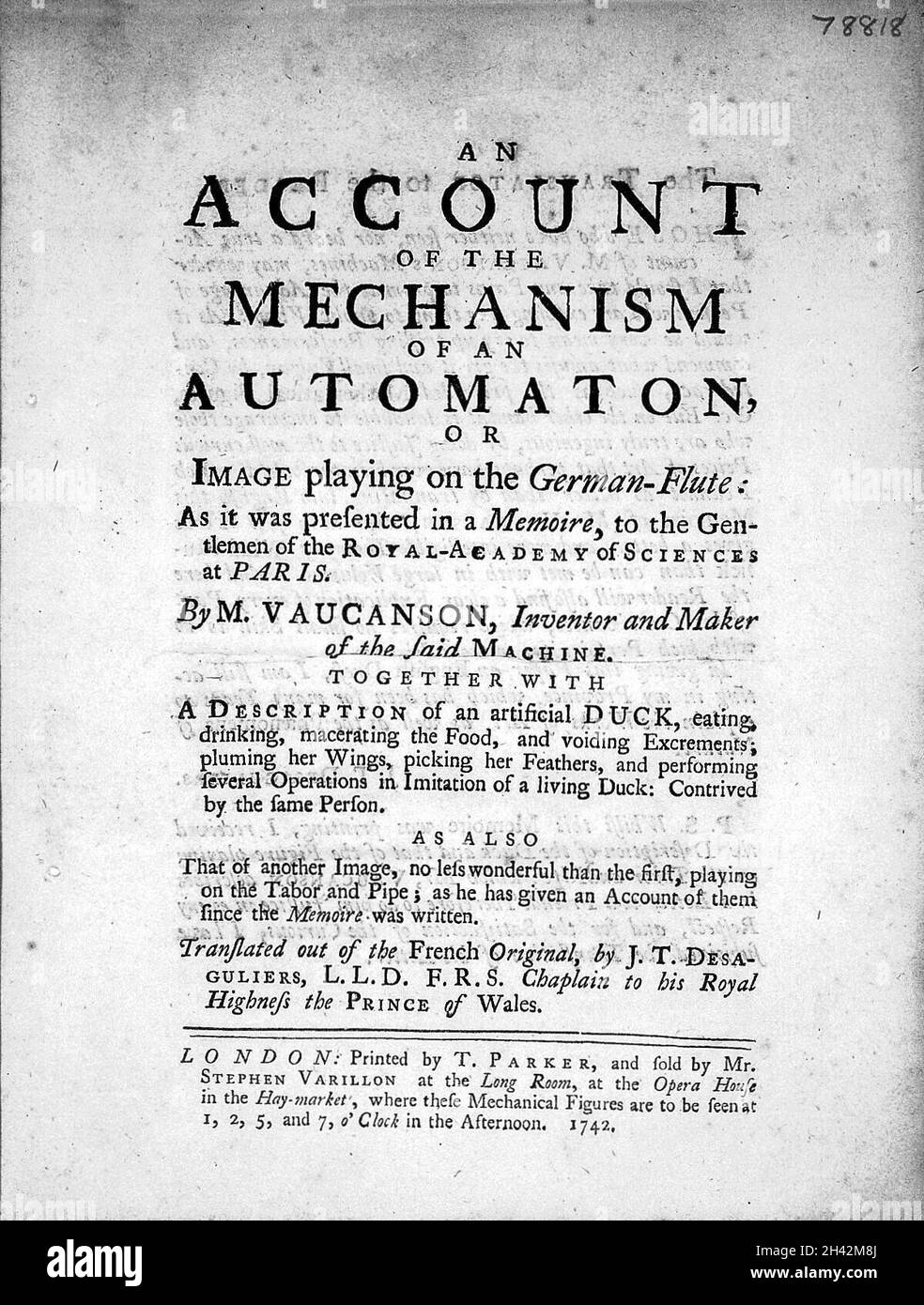 J. Vaucanson "Account of mechanism...", 1742; title page Stock Photo ...