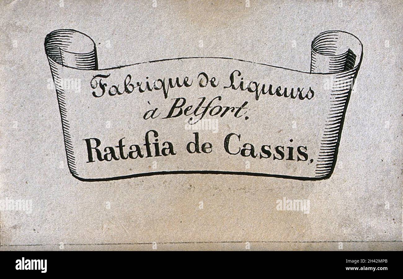 An ornamental liqueur label for "ratafia de cassis". Engraving, 19th ...