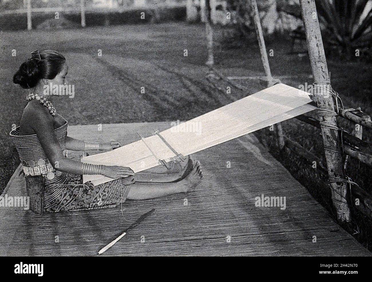 Sarawak: a native girl weaving cotton on a loom. Photograph Stock Photo ...