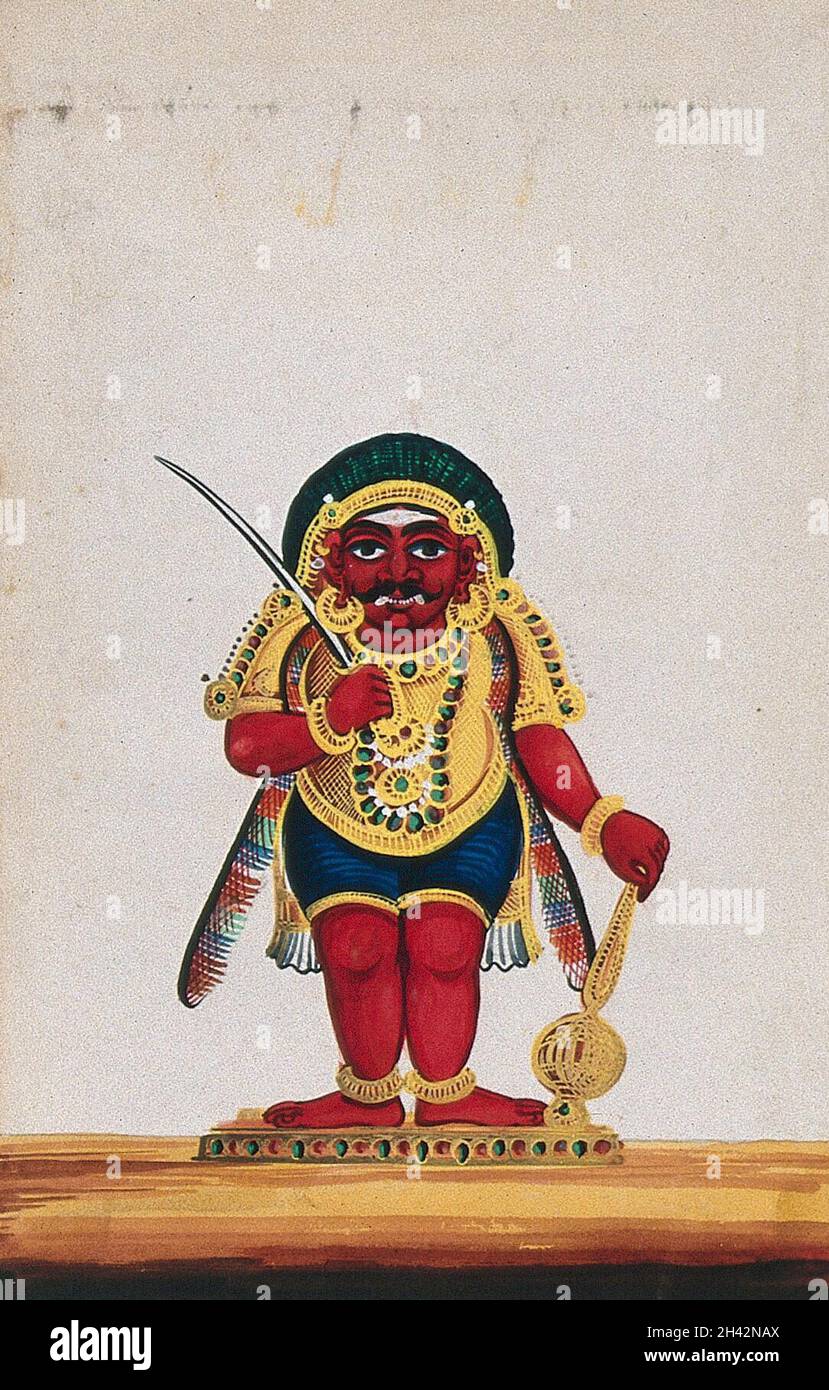 A demon (?) holding a mace and a sword. Gouache painting by an Indian ...