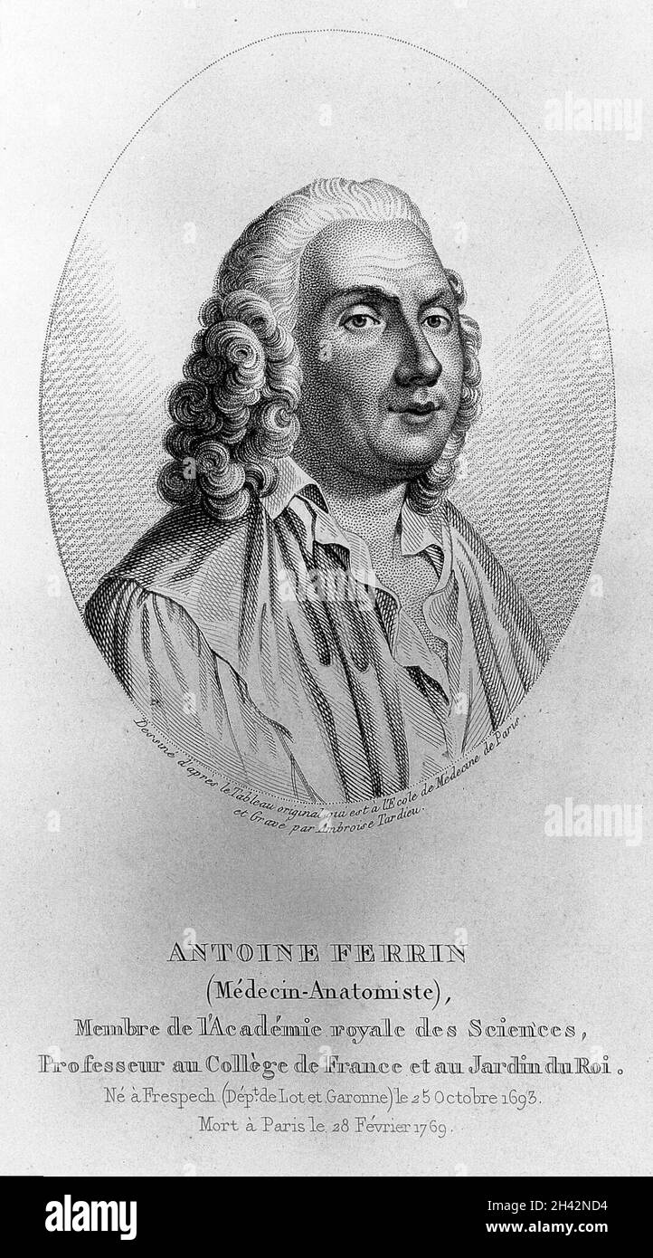 Antoine Ferrein. Stipple engraving by A. Tardieu after J. B. Pigalle ...