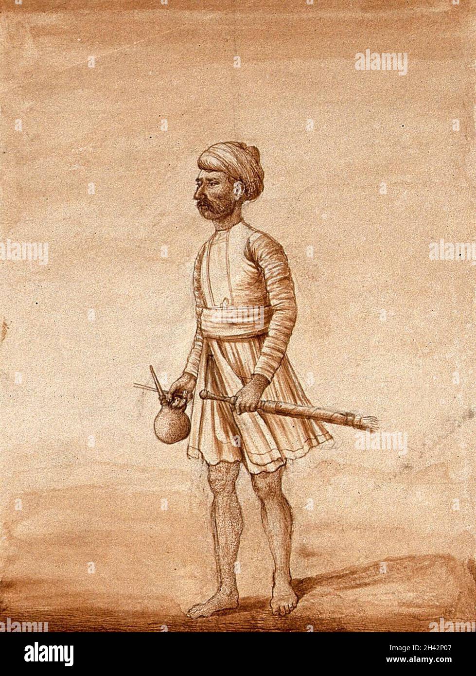 An Indian plumber (?) holding some instruments. Drawing by an Indian ...