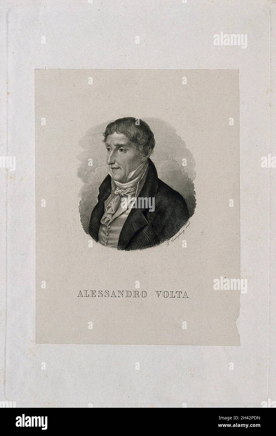 Count Alessandro Giuseppe Antonio Anastasio Volta. Line engraving by F ...
