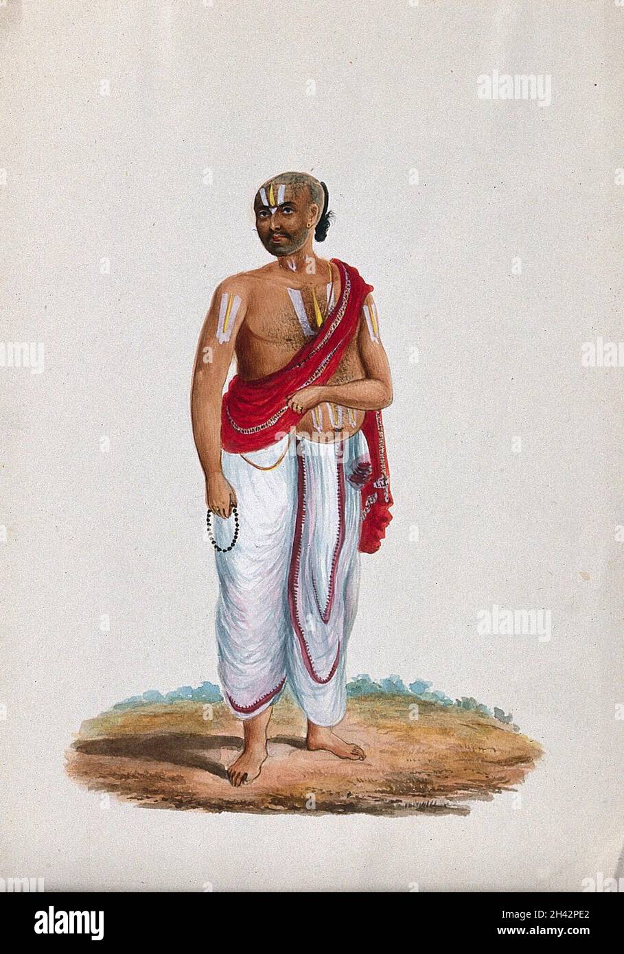 A pandit (Indian priest) holding prayer beads. Gouache painting by an ...
