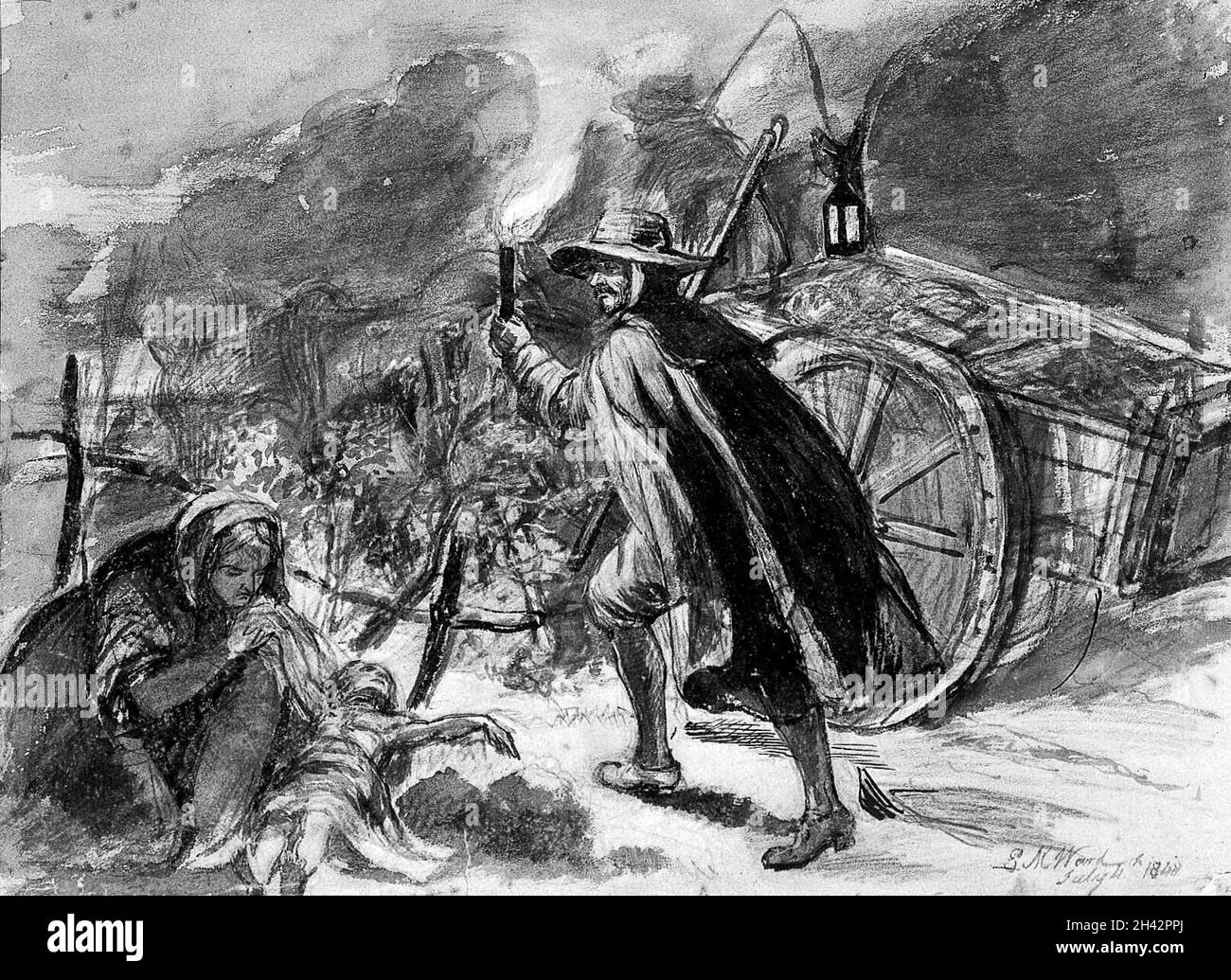 A man with a torch walking alongside a cart of plague victims; a woman ...