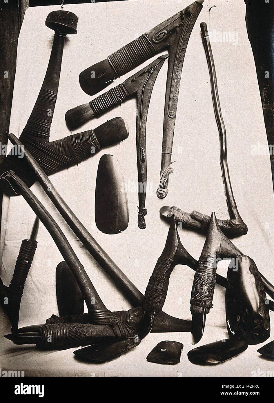 New Zealand: Maori tools or weapons. Albumen print Stock Photo - Alamy