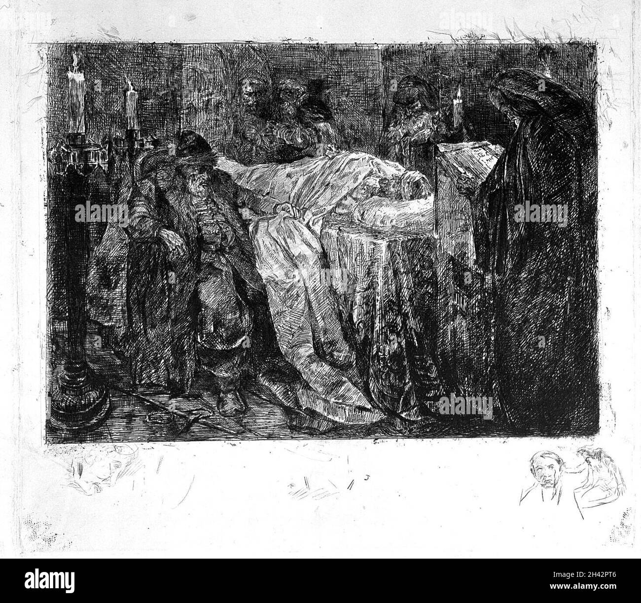 A deathbed scene. Etching Stock Photo - Alamy