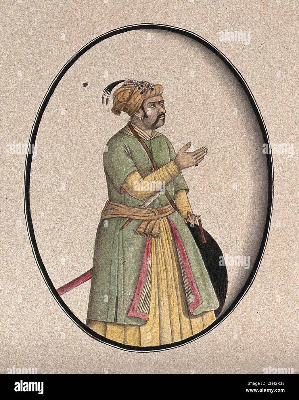 A Mughal courtier with long drooping moustaches, gesticulates with his ...