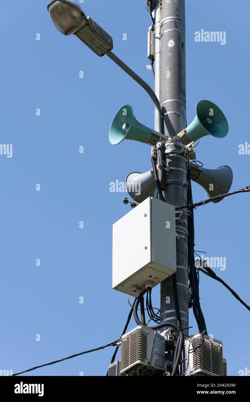 Pole Emergency Alert Loudspeakers on pillar, Russia Stock Photo - Alamy