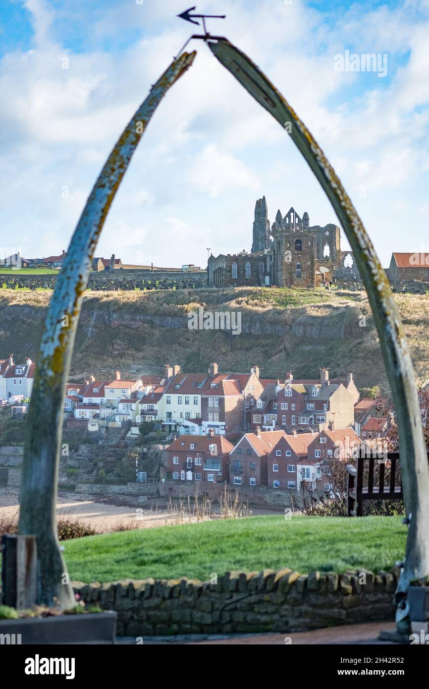 The view of Whitby Abbey high up on the clifftops captured through the ...