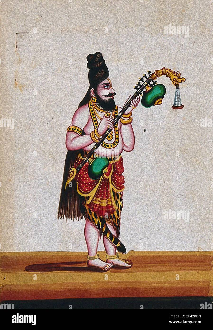 A guru (religious teacher) holding a musical instrument. Gouache ...