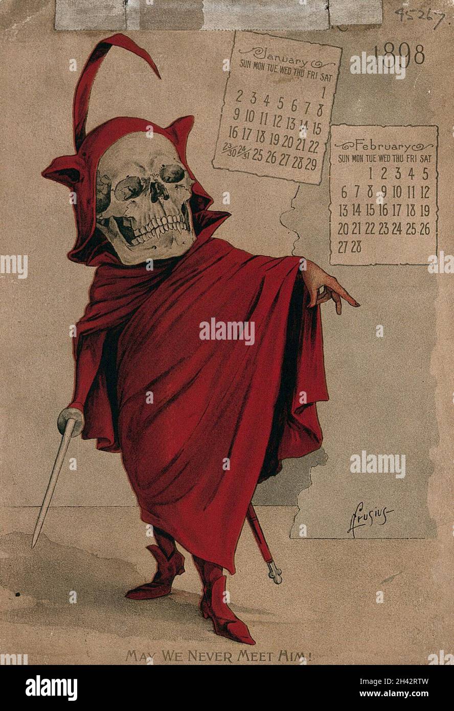 A skeleton dressed as a devil with sword. Lithograph by L. Crusius ...