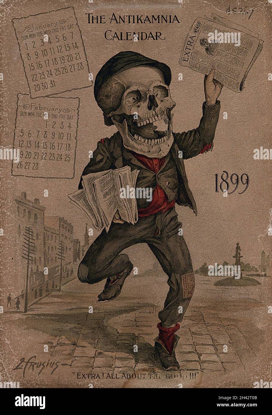 A skeleton as a newspaper seller. Lithograph by L. Crusius, 1899 Stock ...