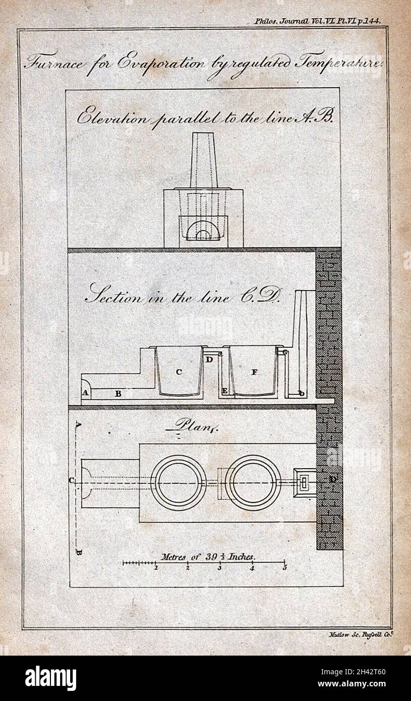 Chemistry: vertical section of a furnace used in evaporation. Engraving ...
