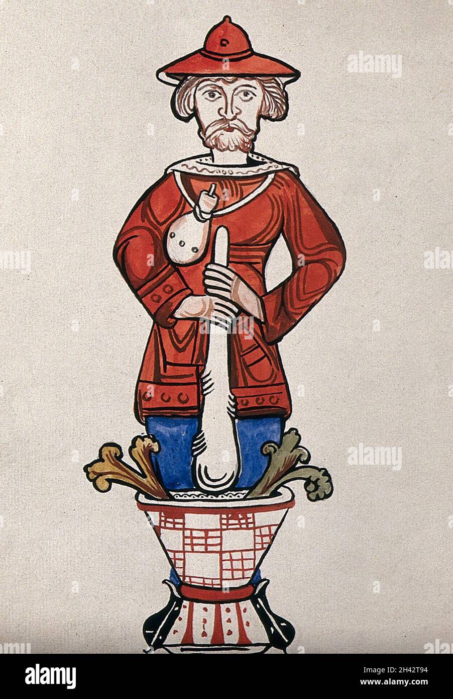 A man pounding a mixture with a pestle and mortar - an emblem from a ...
