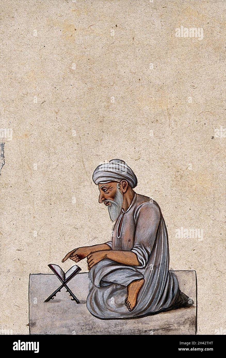 A mullah (muslim scholar) reading a book. Gouache painting by an Indian ...