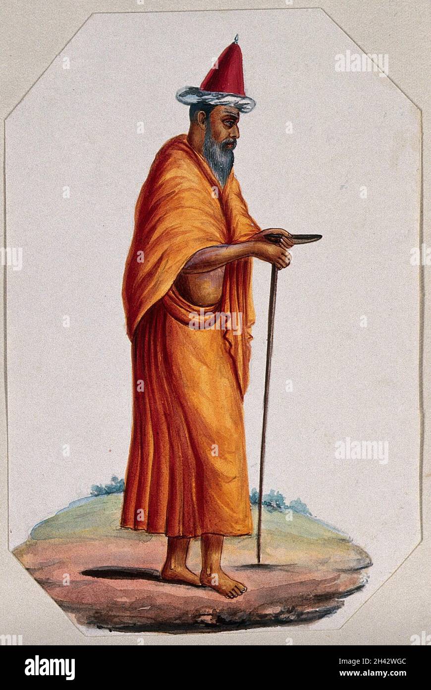 A Mevlevi (?), or Sufi holy man: walking, wearing a saffron cloak and ...