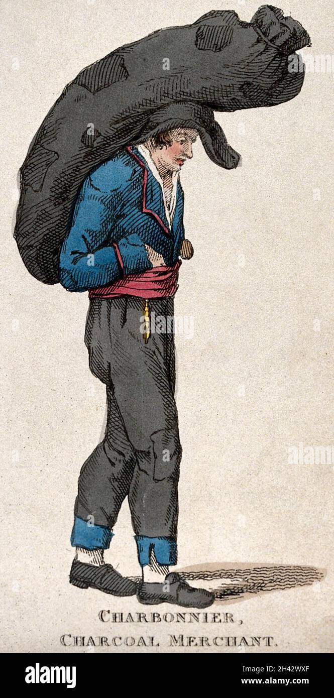 A man is carrying a large sack of charcoal on his back. Coloured ...