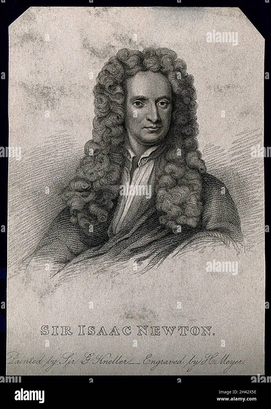 Sir Isaac Newton. Stipple engraving by H. Meyer after Sir G. Kneller ...