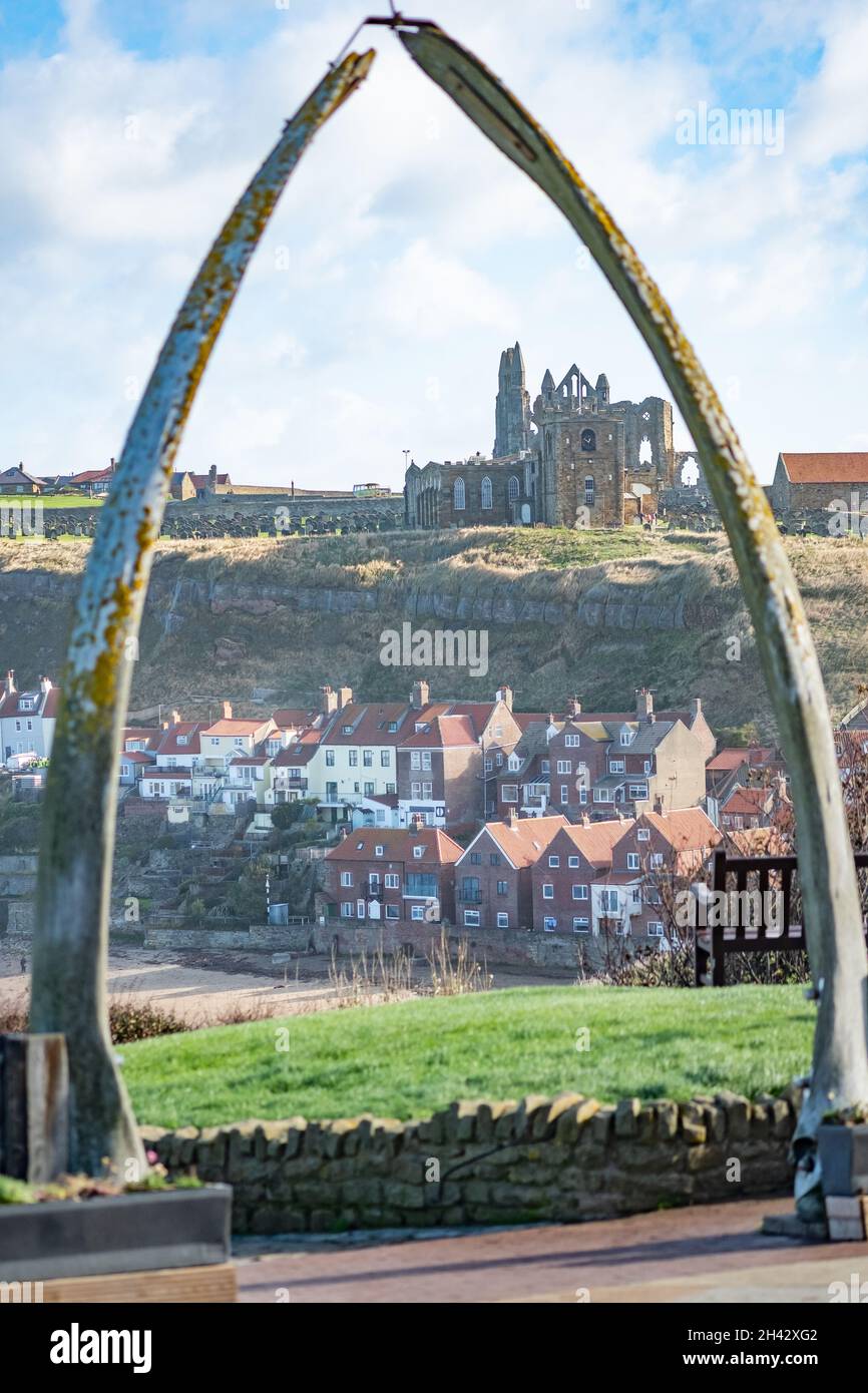 The view of Whitby Abbey high up on the clifftops captured through the ...