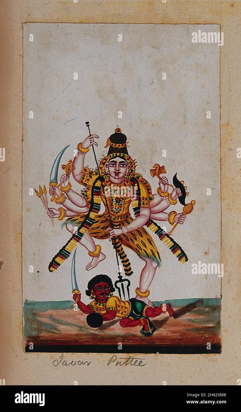 An eight-armed Indian deity (Shiva?) killing a demon. Gouache painting ...