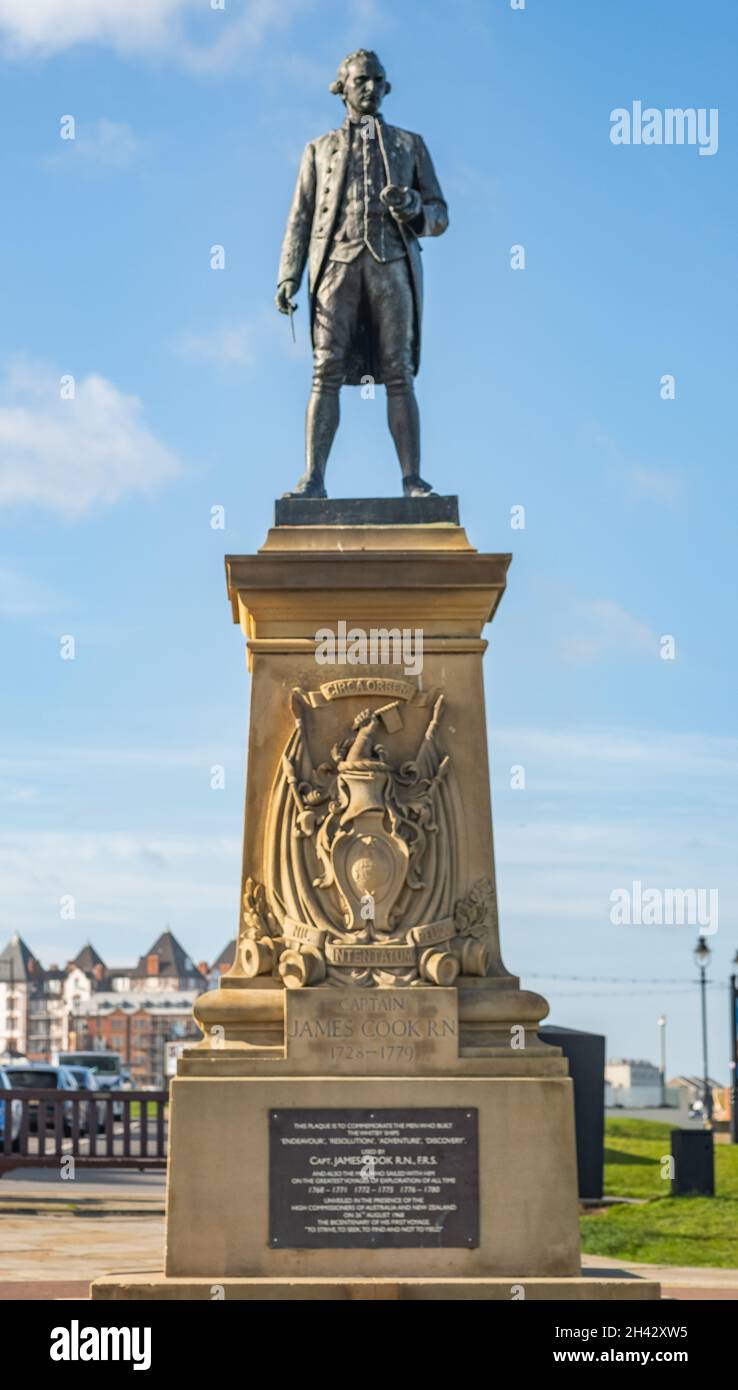 The memorial statue of Captain James Cook on the cliff tops in West ...