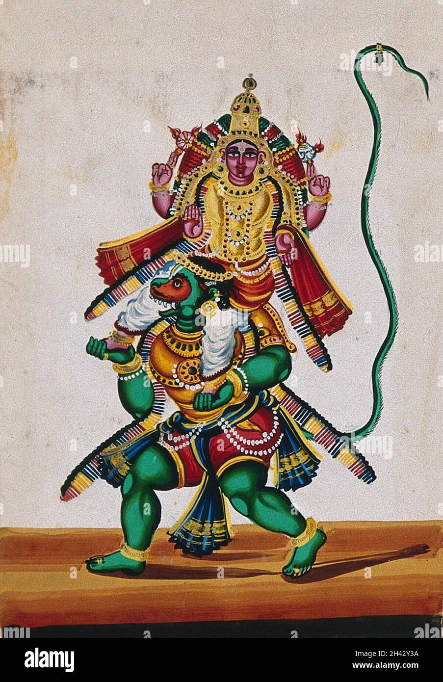 Hanuman, the monkey god carrying Lord Vishnu on his shoulders. Gouache ...