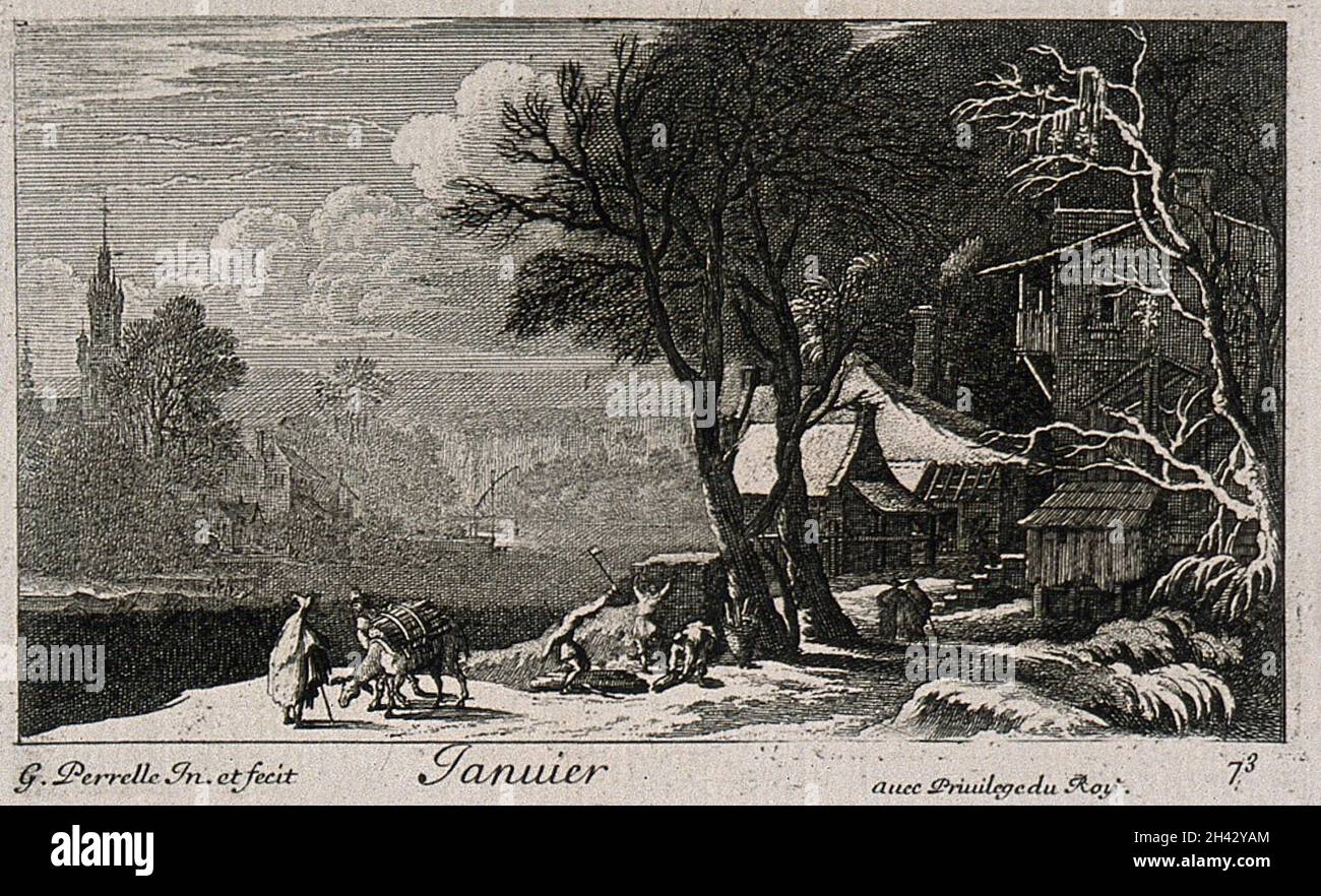 A donkey carrying wood through a snowy landscape; representing January ...